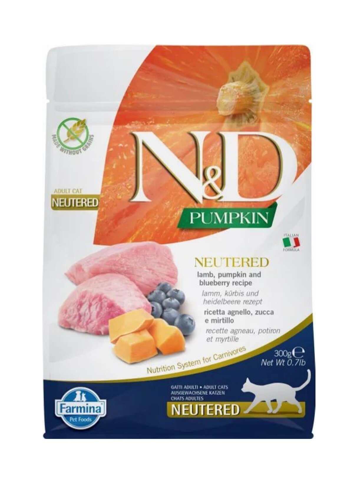 Сухой корм Farmina ND Cat Pumpkin Lamb / Blueberry Neutered для стерилизованных кошек с ягненком, тыквой и черникой, 300г