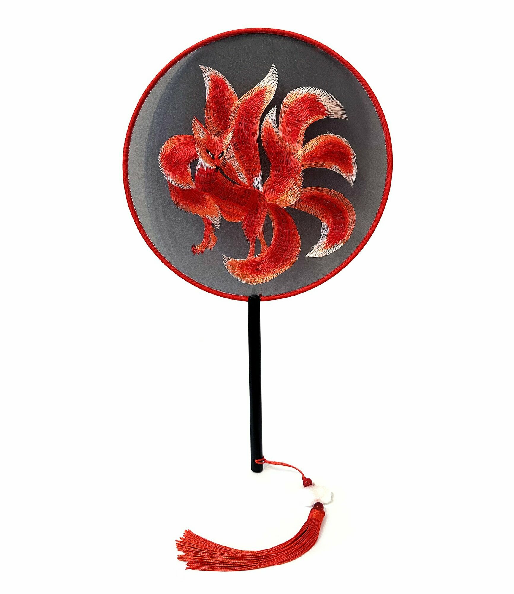 Веер круглый девятихвостый лис черный / Веер Утива в японском стиле / Китайский круглый опахало ханьфу