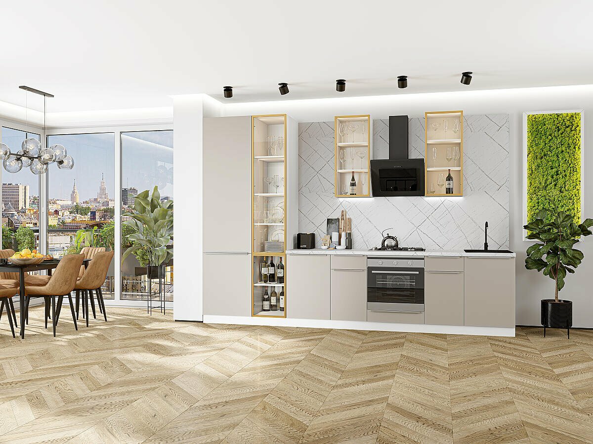 Кухонный гарнитур 3,4 м без столешницы Мебель-МСК Фьюжн-08 Cream Silk, полки ЛДСП, 234x340x60 см