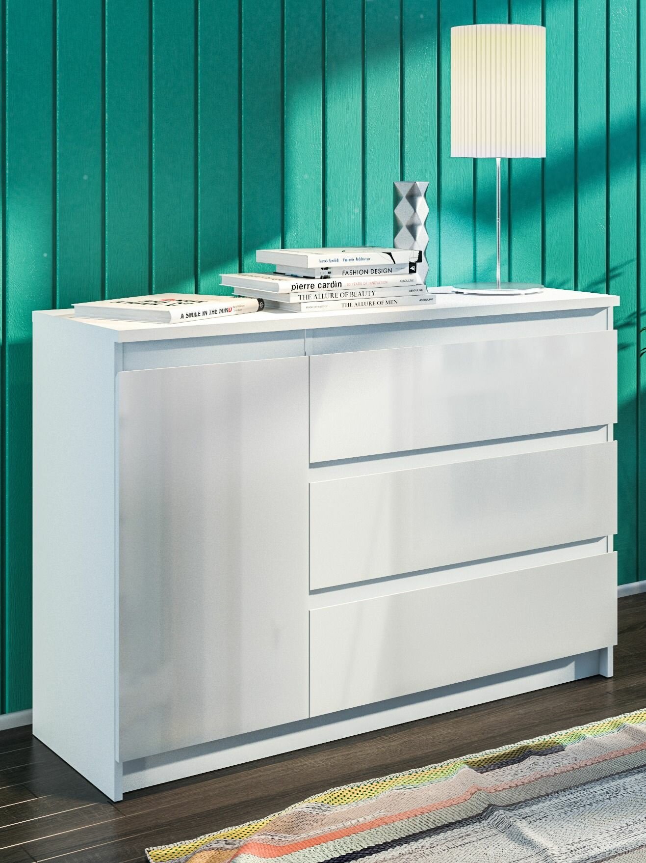 Комод однодверный столплит Медея СБ-2454/1. Н с тремя ящиками, с полками, ЛДСП Белый/Белый глянец, 120*86*44 см