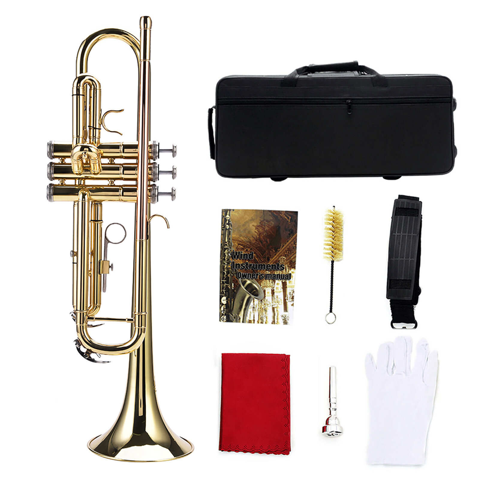 LADE Professional Bb Flat Brass Trumpet Instrument Set Kit Accessory (Gold)