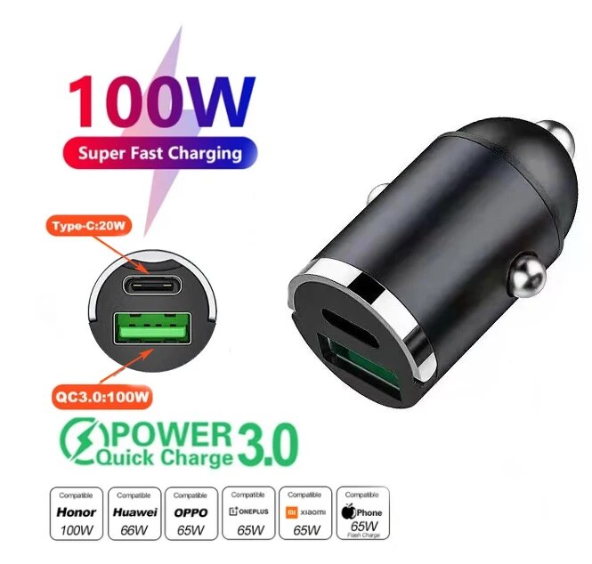 Автомобильное Зарядное Устройство URGRICO 100 Вт/200 Вт USB Type C, Быстрая Зарядка 100W USB Type-c
