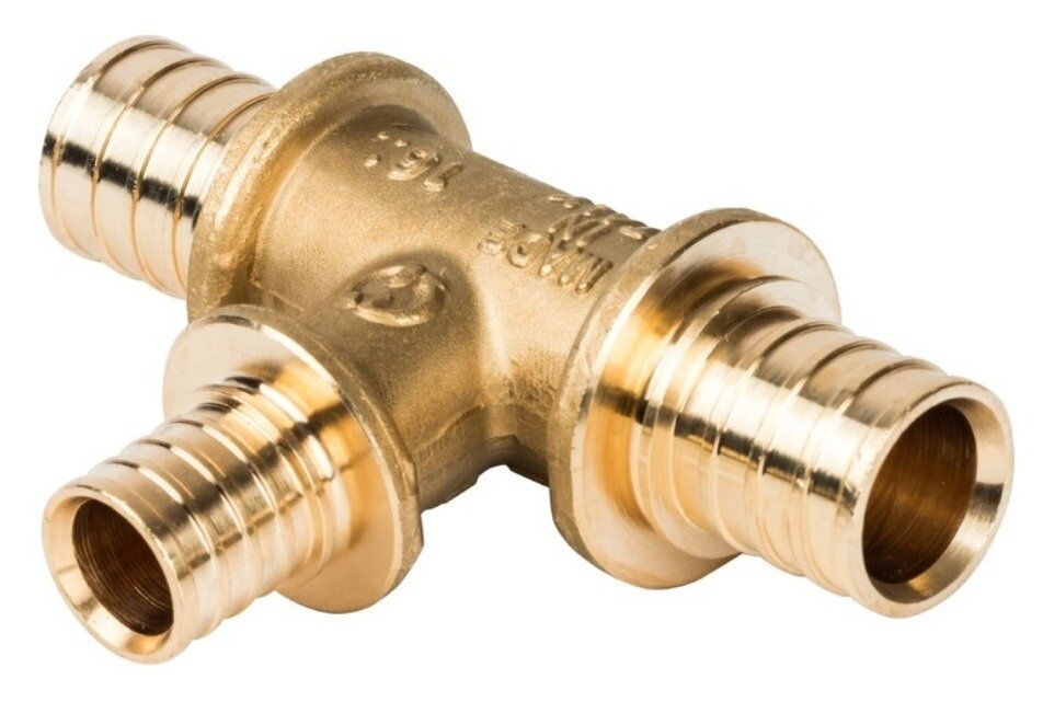 Тройник Stout / Стаут аксиальный для труб из сшитого полиэтилена, пресс, из латуни, цвет бронза, диаметр 16/20мм / водоснабжение