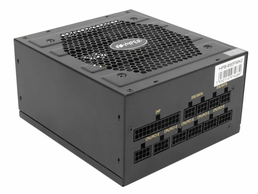 Блок питания HIPER HPB-650FMK2 650W (HPB-650FMK2) черный - 650 Вт, 80+ Gold, ATX 20+4 пин, 4 pin + 4 pin CPU, 6 SATA, 4 x 6+2 pin PCI-E
