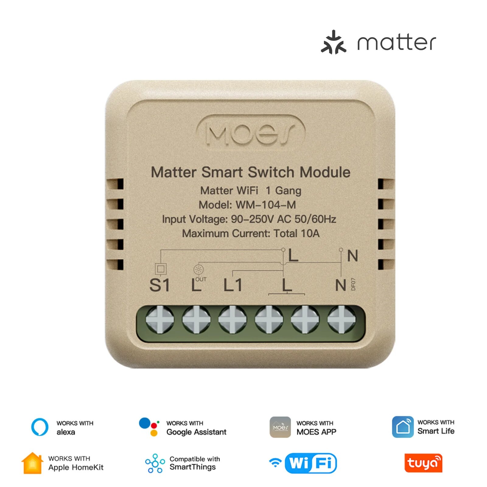 MOES Tuya WiFi Matter Mini Smart Switch Модуль Реле, Таймер Домашняя автоматизация Приложение Дистанционное управление Работа с Alexa Google Home Apple