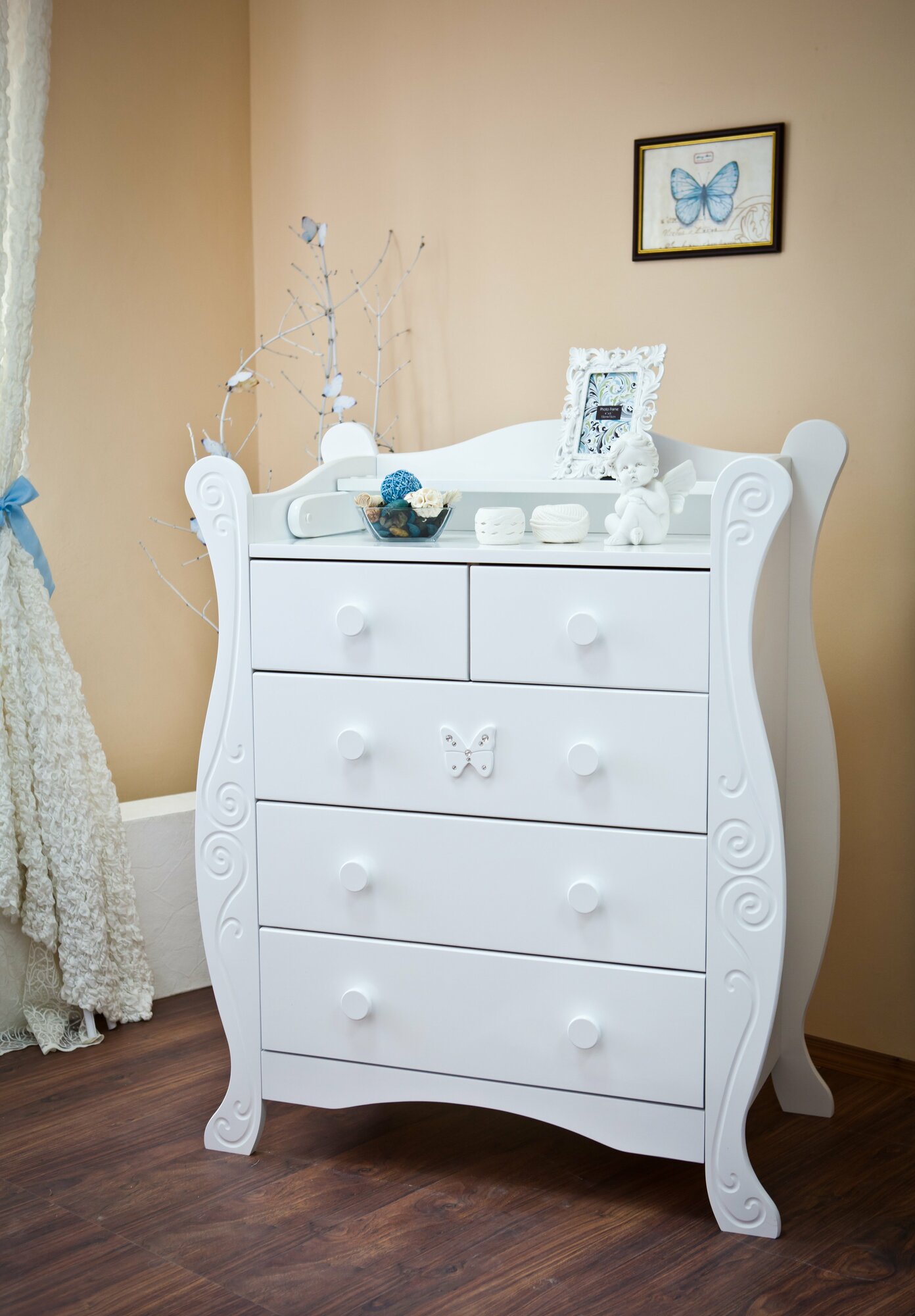 Комод пеленальный Красная звезда С 577 резьба, (Бабочка) (белый)