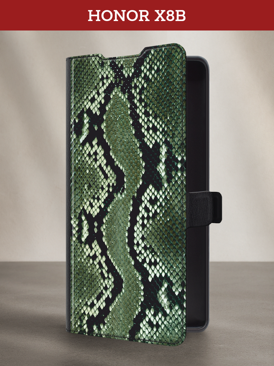 Чехол-книжка на Honor X8B / Хонор Х8B с принтом Кожа зелёной змеи, черный