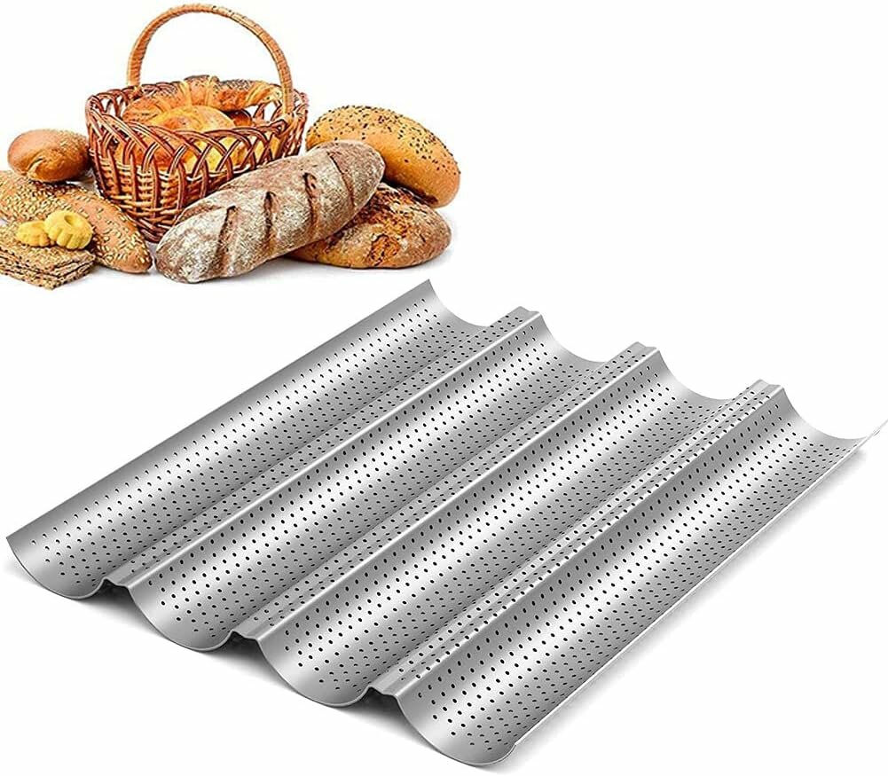 Противень для багетов 38 x 32,5 см, антипригарное покрытие, пищевой класс, перфорированные формы для выпечки багетов, 4 буханок французского хлеба, серебристый, 1 шт.