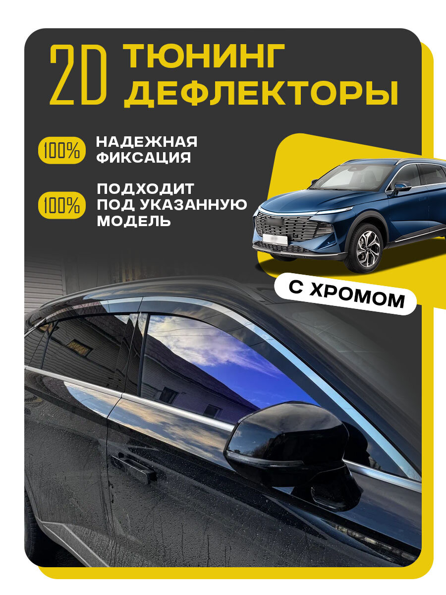 Плоские тюнинг дефлекторы с хромом для Haval F7 (2024-н. в.) 2 поколение / 2D ветровики на Хавал Ф7. Комплект 6 шт.