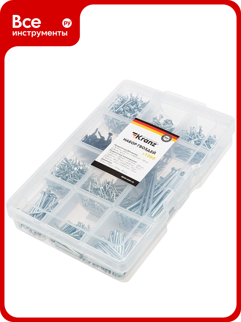 Набор гвоздей KRANZ KR-01-3101-12, цинковое покрытие, универсальное назначение для строительства и ремонта,