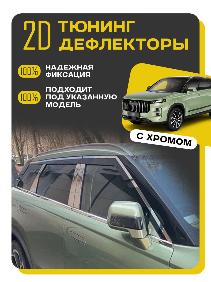 Плоские тюнинг дефлекторы с хромом для окон Jaecoo J7 (2023-н. в) 1 поколение / Ветровики на Джейку J7. Комплект 6 шт.