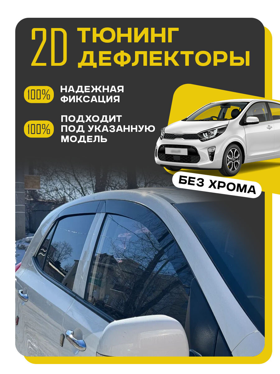 Плоские тюнинг дефлекторы для Kia Picanto 3 пятидверный (2017-н. в) Ветровики 2d дефлекторы для Киа Пиканто 3. Комплект 4 шт