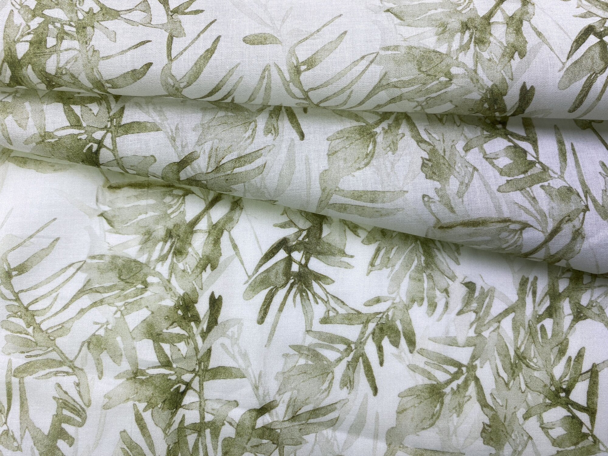 Ткань Поплин белого цвета с принтом акварельные веточки 14348