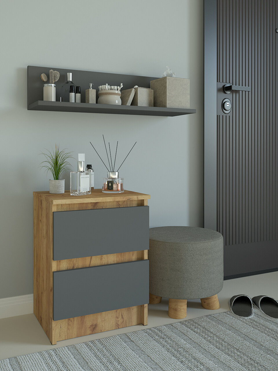 Тумба прикроватная 2 ящика дуб крафт золотой с фасадами графит 54х40х35см