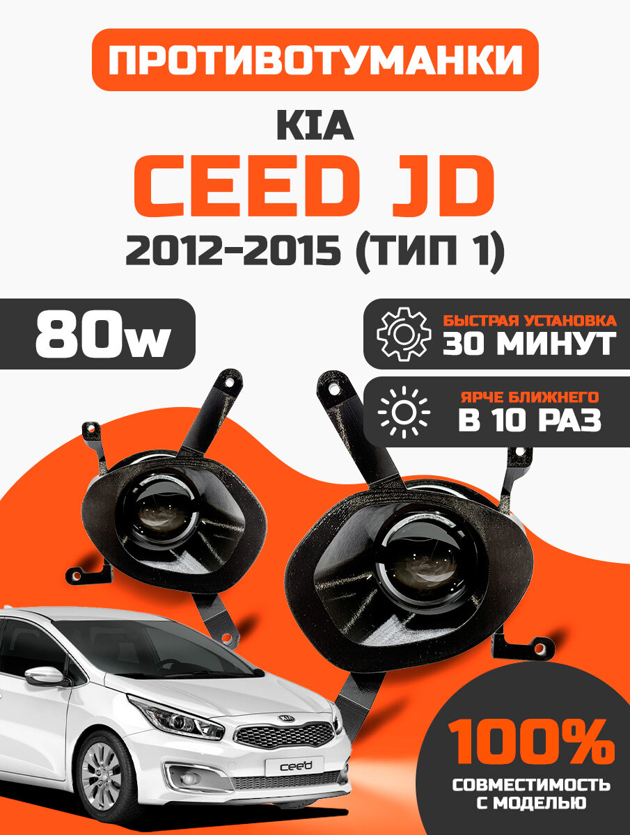 Линзованные светодиодные противотуманные фары ПТФ Kia Ceed JD дорестайлинг тип 1 (2012-2015) LED 80Вт GFD, набор 2 шт.