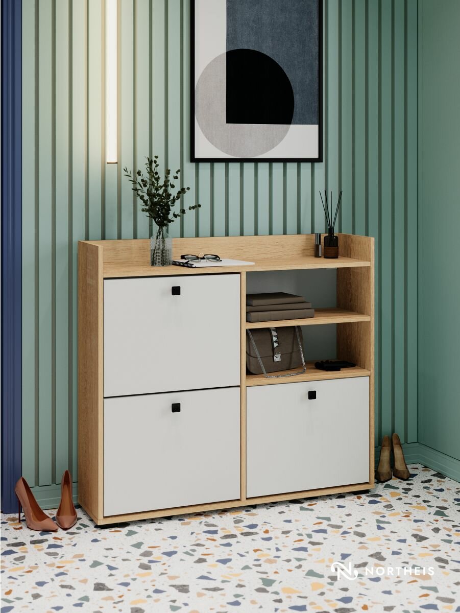 Обувница нортайс, дуб Сонома, белая, ЛДСП, напольная, с полками