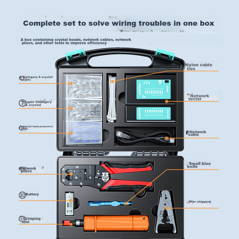 Shanze Network Tool Kit Set, Multi-Functional Cable Crimper, RJ45 Connectors, Cable Tester, Wire Stripper, Wire Cutter, Cable Ties, Cable Sleeves, Wire Crimping Pliers, Tool Box, XP-110