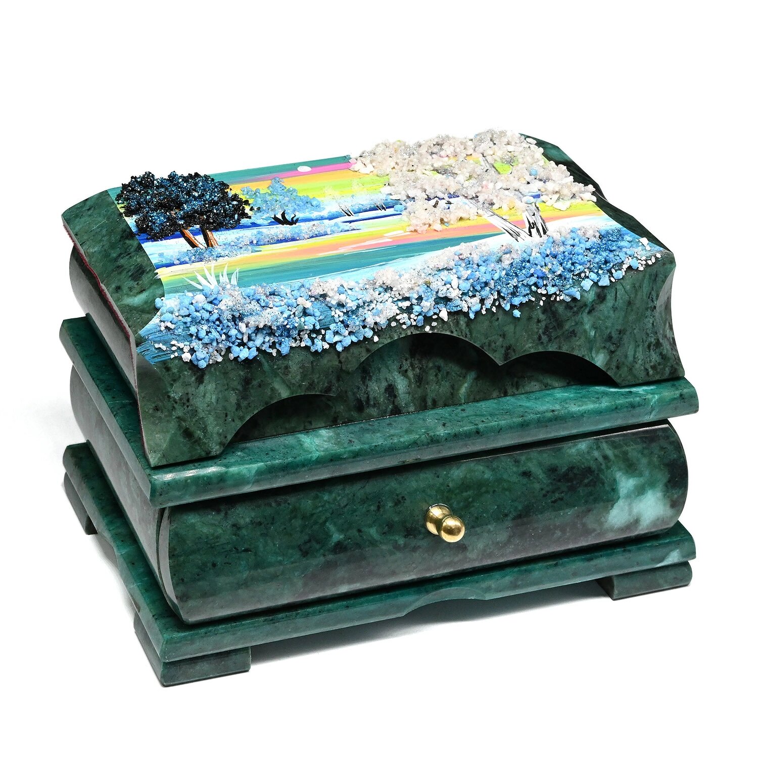 Ларец из змеевика, панно "Зима" 200*120*130мм .