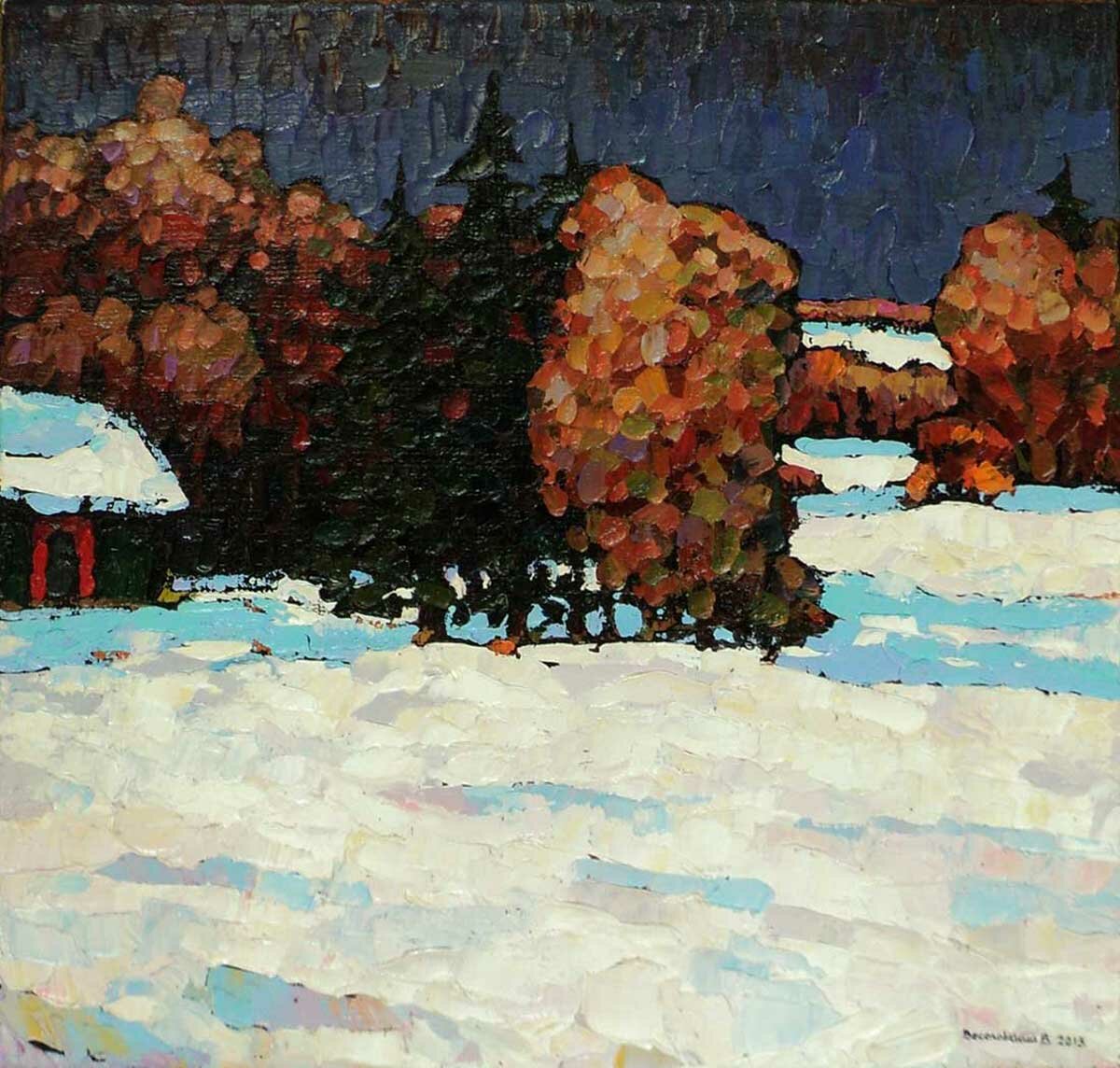 Картина мастихином, маслом в интерьер. Рыжая листва. Художник Веселовский В. Холcт, маслo. 41x43см.