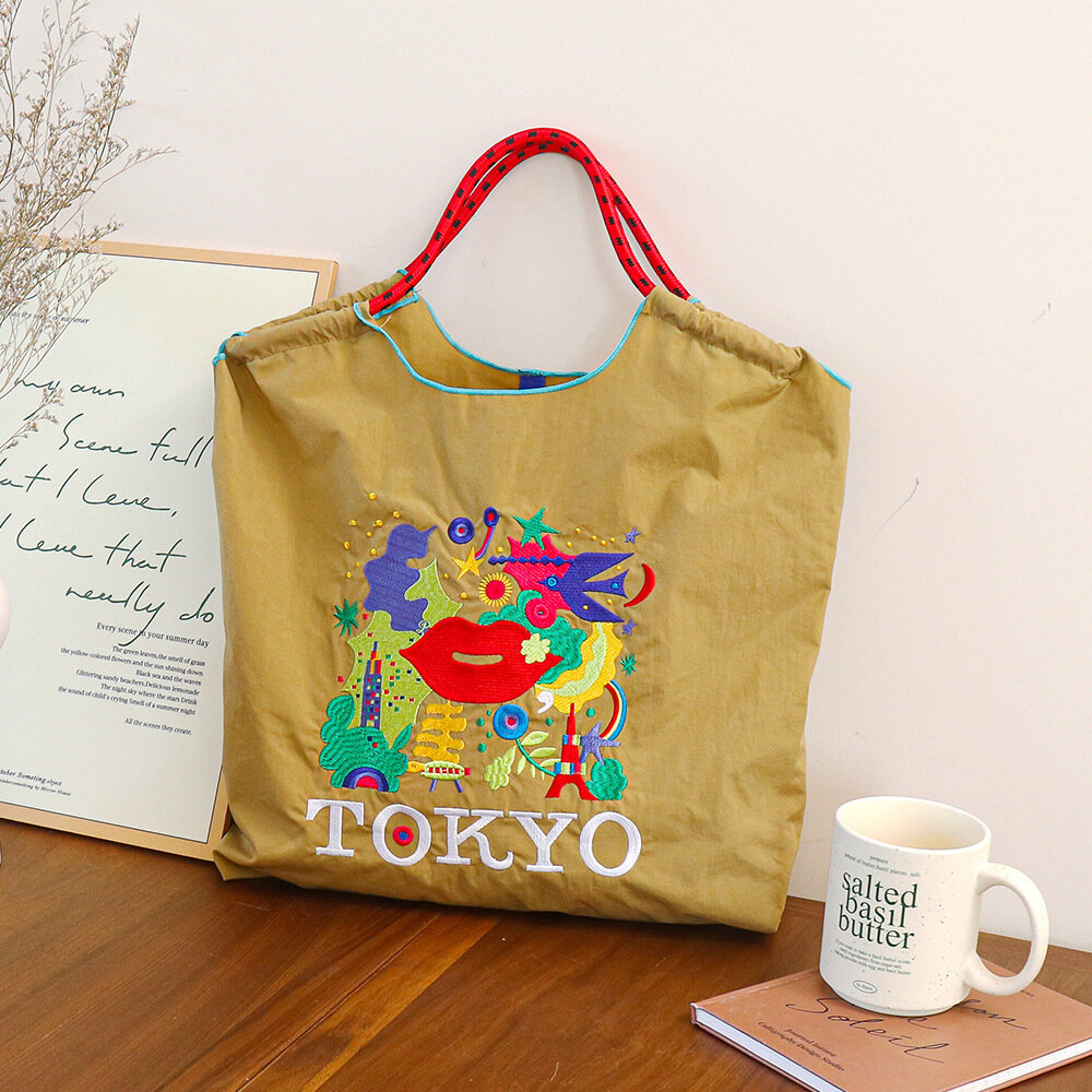 Японский стиль, ручная работа, сумка с шариковой цепочкой, экологичная сумка для покупок, нейлоновая ткань, вышитый цветок, ручная сумка из холста, нейлоновая сумка для покупок