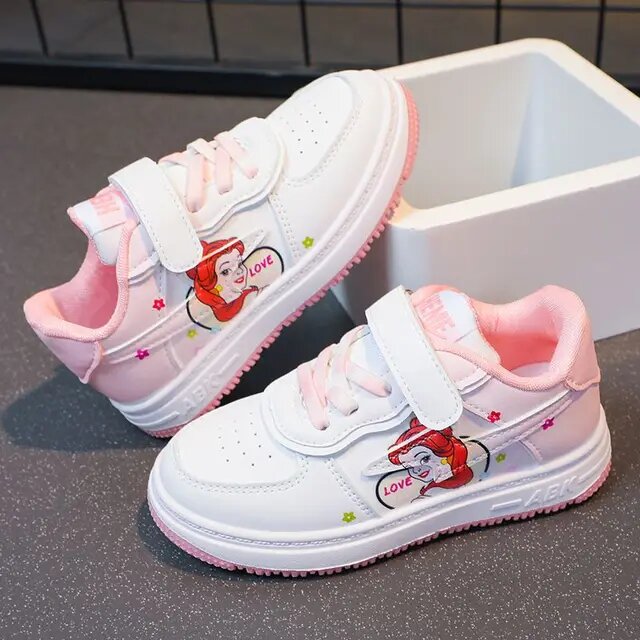 Белые повседневные туфли Disney Ariel для девочек, принцессы, низкие кроссовки из искусственной кожи для студентов, с рисунком из мультфильма, размеры 26-37