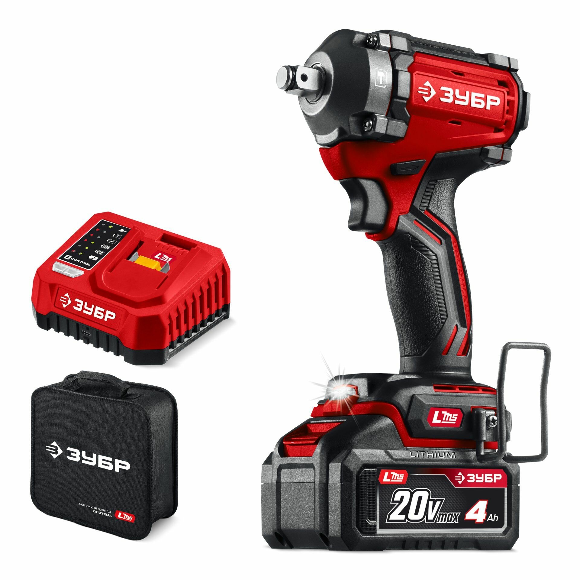 Бесщеточный ударный гайковерт, сумка ЗУБР 20 В, 500 Н м, 1 АКБ LMS (4 А ч) ГБУ-500-41