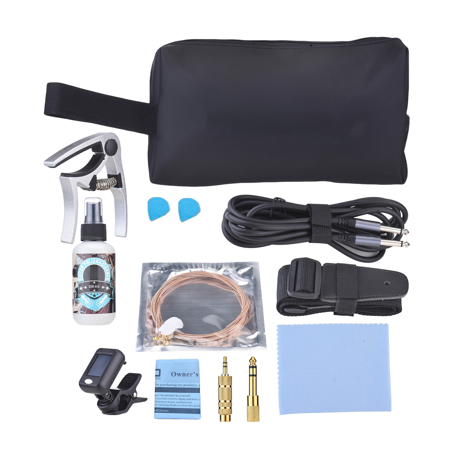 Набор аксессуаров для гитары GUITTO, включающий струны, тюнер, очиститель, каподастр, медиаторы, аудиокабель, ремень для гитары, адаптер и сумку для хранения (для акустических, бас-гитар, электрогитар и укулеле).