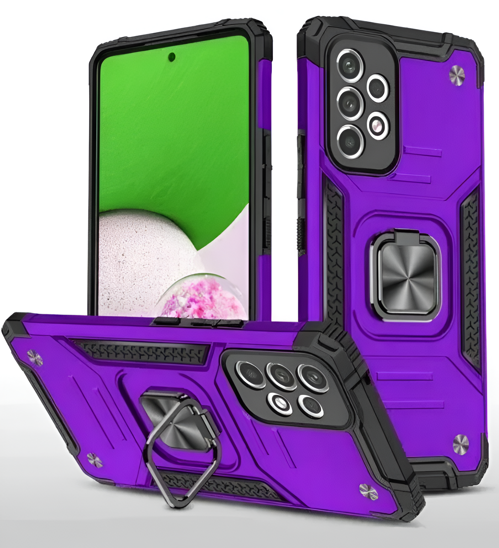 Противоударный чехол для Samsung Galaxy A53 фиолетовый с пластиной для магнитного автодержателя и кольцом подставкой