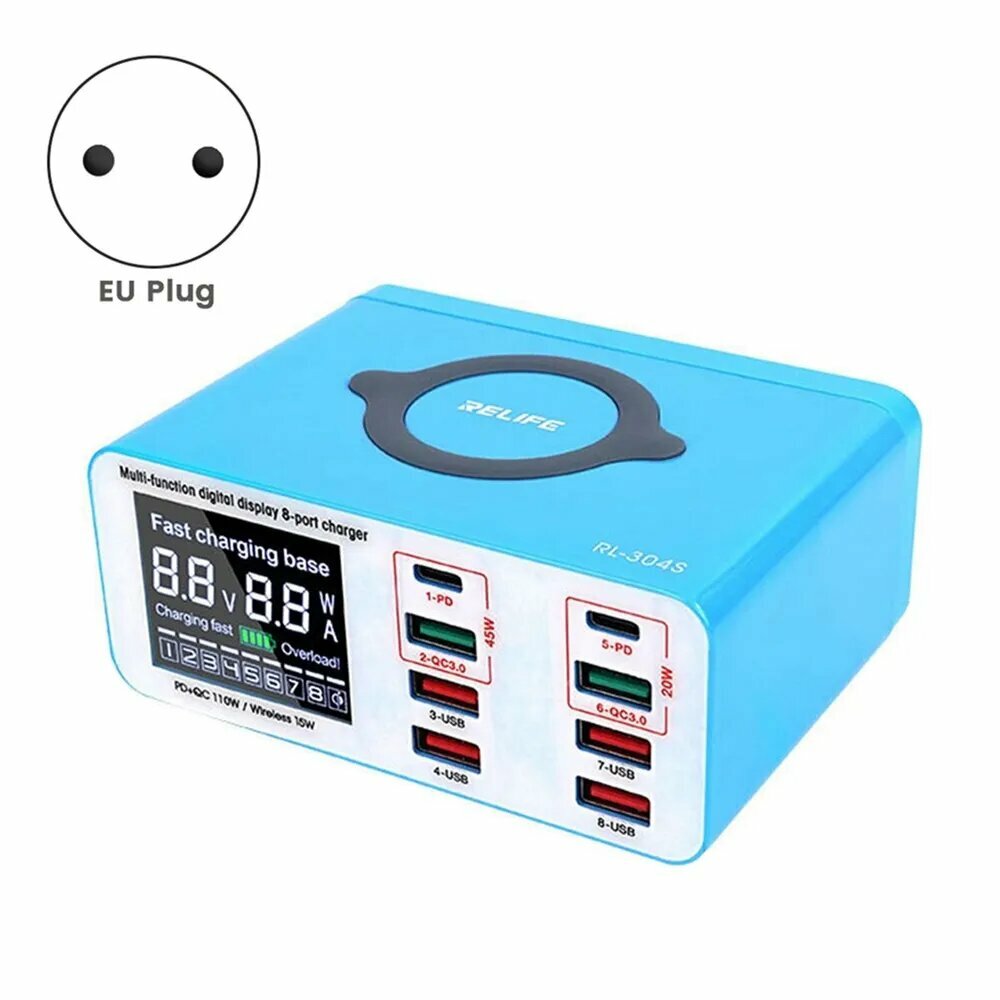 RELIFE RL-304S Интеллектуальное зарядное устройство с цифровым дисплеем и 8 портами USB вилка ЕС