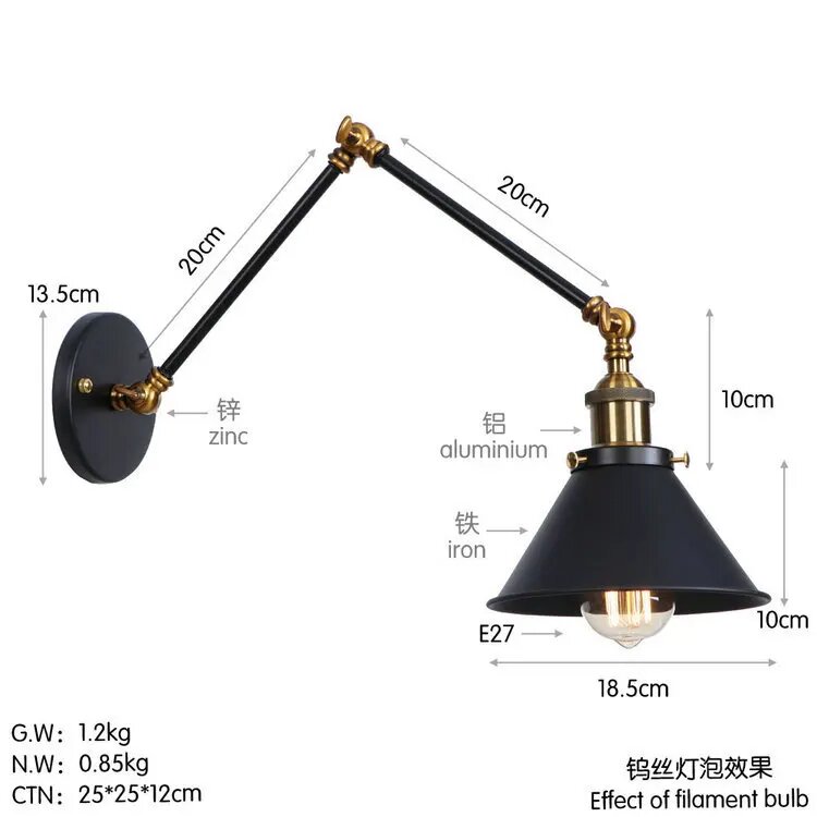 Винтажная настенная лампа из черного металла Without bulb, C 20CM 20CM