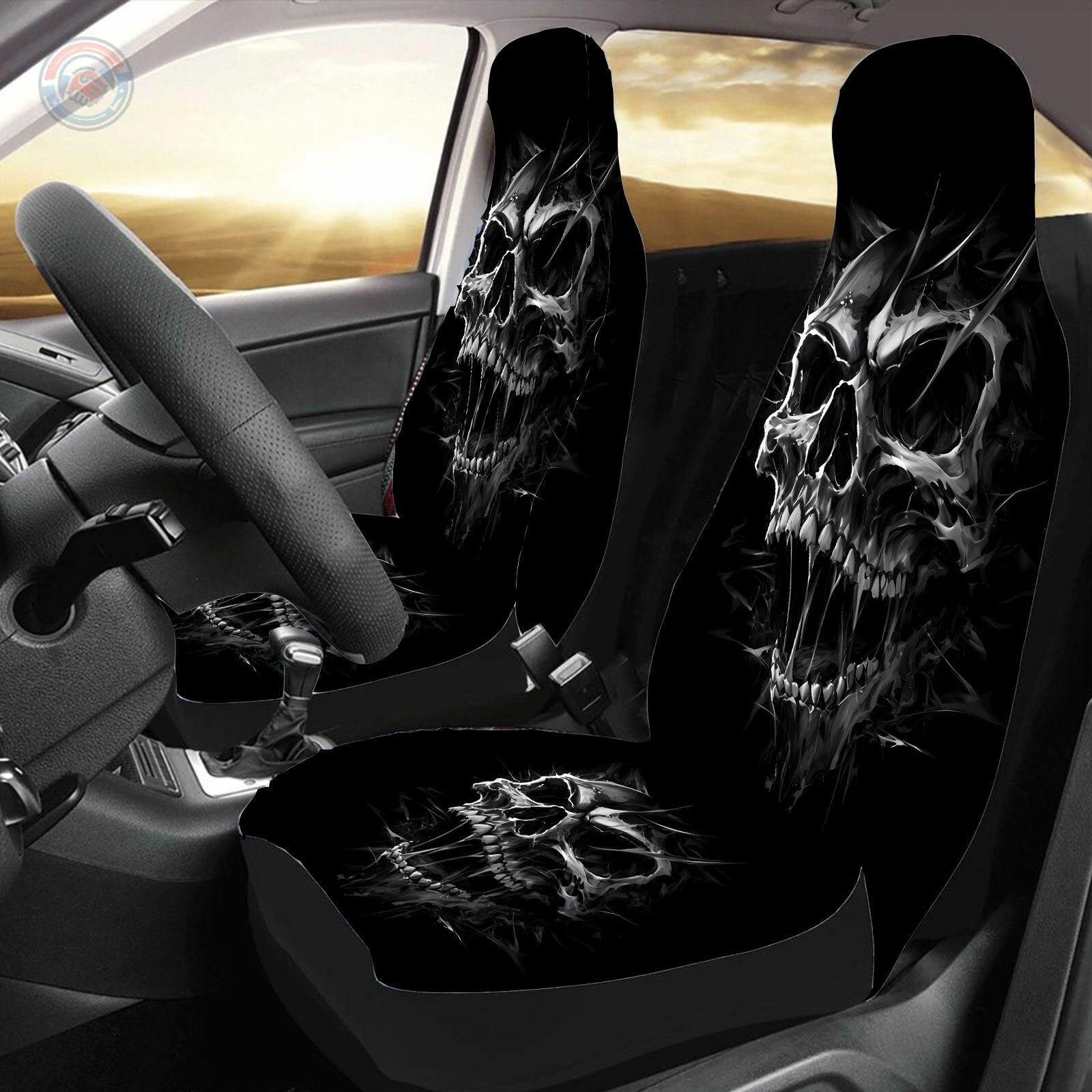 Автомобильные чехлы на передние сиденья 2 шт с ярким 3D принтом череп для защиты салона от грязи и износа универсальные противоскользящие накидки легко моются