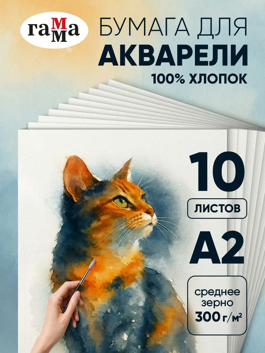 Бумага для акварели Гамма "Студия", 10 листов A2, 300 г/м2, среднее зерно, 100% хлопок