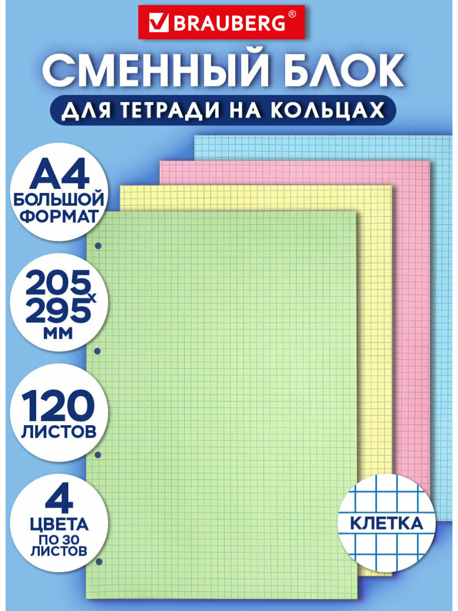Сменный блок для тетради на кольцах большого формата А4 120 листов Brauberg (4 цвета по 30л), 404519