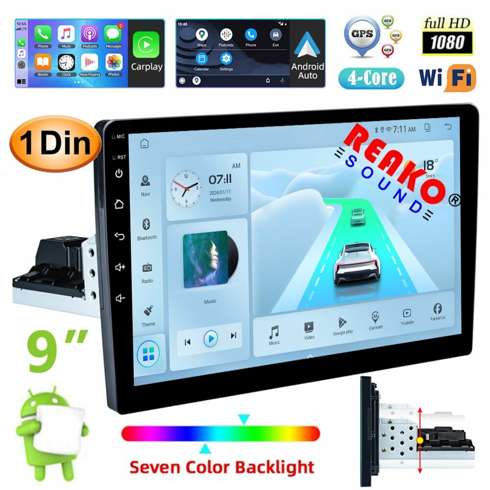 Магнитола для авто с экраном Carplay, Android auto 1 din 9 дюймов 1+32гб Bluetooth Wi-Fi FM-радио