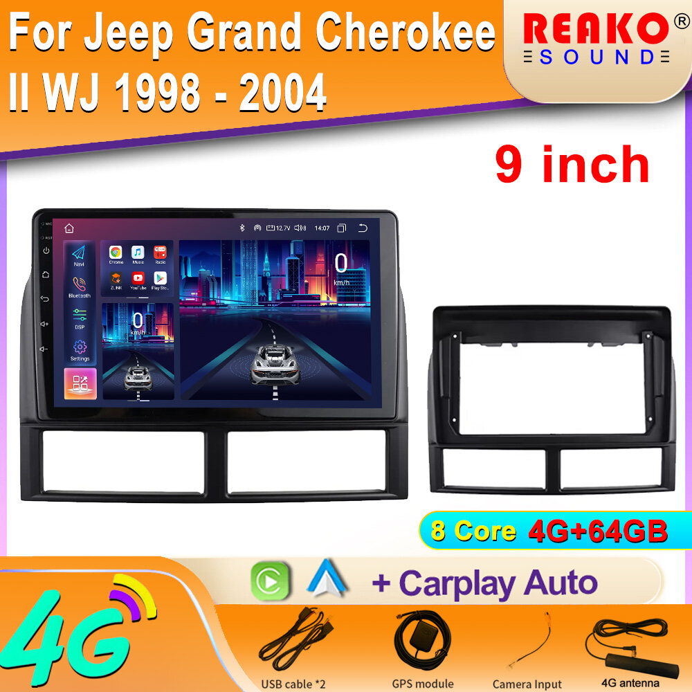 Магнитола для Jeep Grand Cherokee II WJ 1998 - 2004, с камерой заднего вида. IPS экран 9 дюймов, Wifi 2din с сенсорным экраном, usb и блютузом