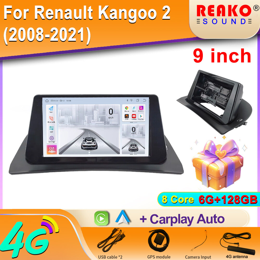 Магнитола для Renault Kangoo 2 (2008-2021), с камерой заднего вида. IPS экран 9 дюймов, Wifi 2din с сенсорным экраном, usb и блютузом.