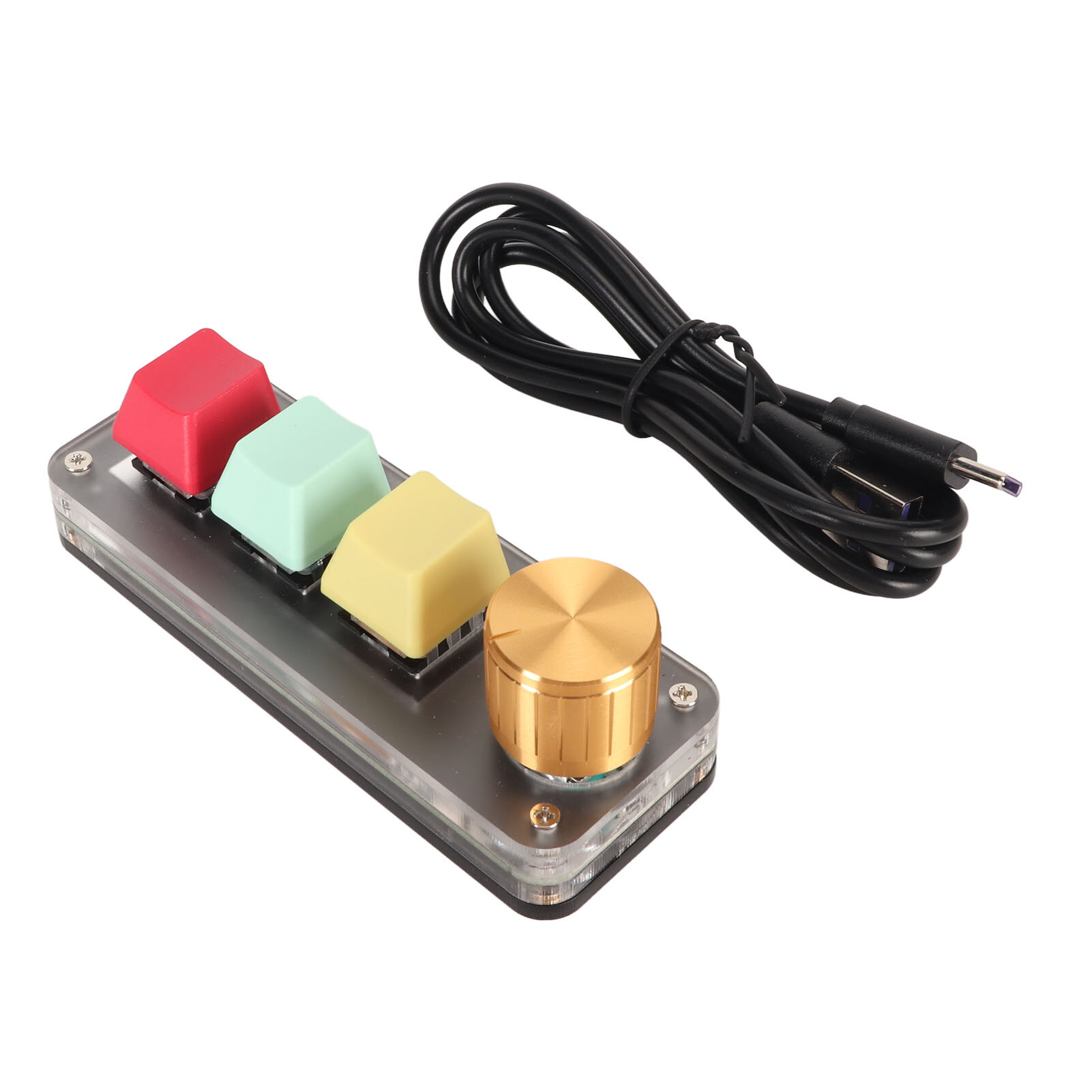 МиниатюрнаяUSB-клавиатурас3клавишамииповоротнымрегулятором, программируемая, спроводнымподключениемType-C, синимипереключателями, одноручная, дляигр, разноцветная.