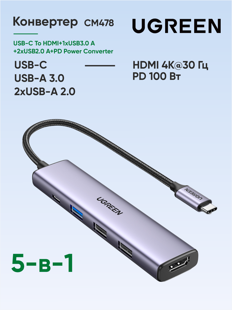 Адаптер UGREEN CM478 (15495) USB-C To HDMI+1xUSB3.0 A+2xUSB2.0 A+PD Power Converter - Silver