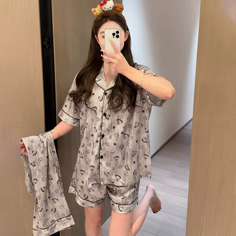 Пижама с короткими рукавами из розового милого шелка Hello Kitty для девочек, женская летняя одежда для отдыха, которую можно носить на улице, дома, летняя тонкая одежда