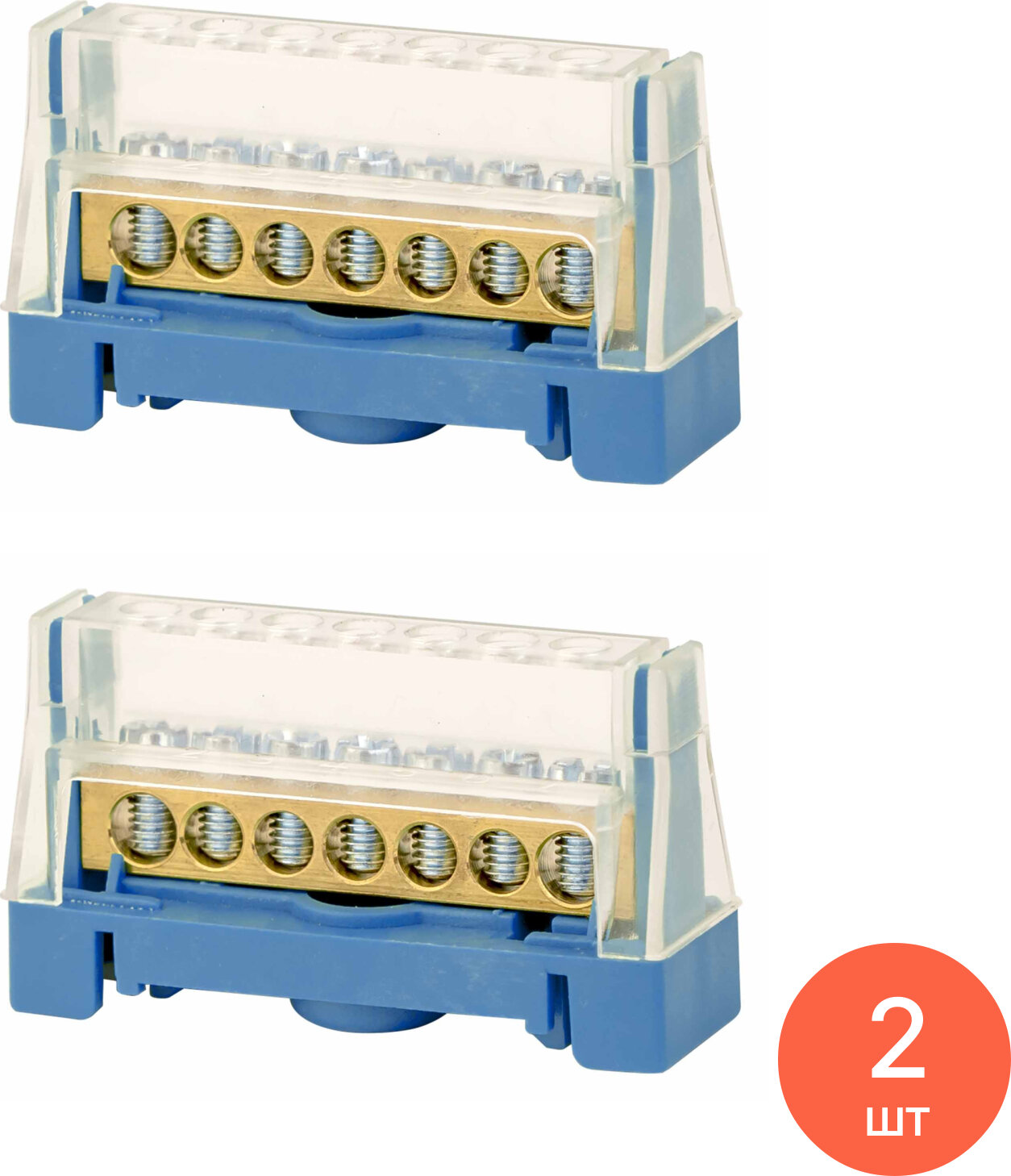 Распределительный блок DKC / ДКС, крепеж на DIN-рейку, шина латунная в корпусе, синяя / кросс модуль (комплект из 2 шт)