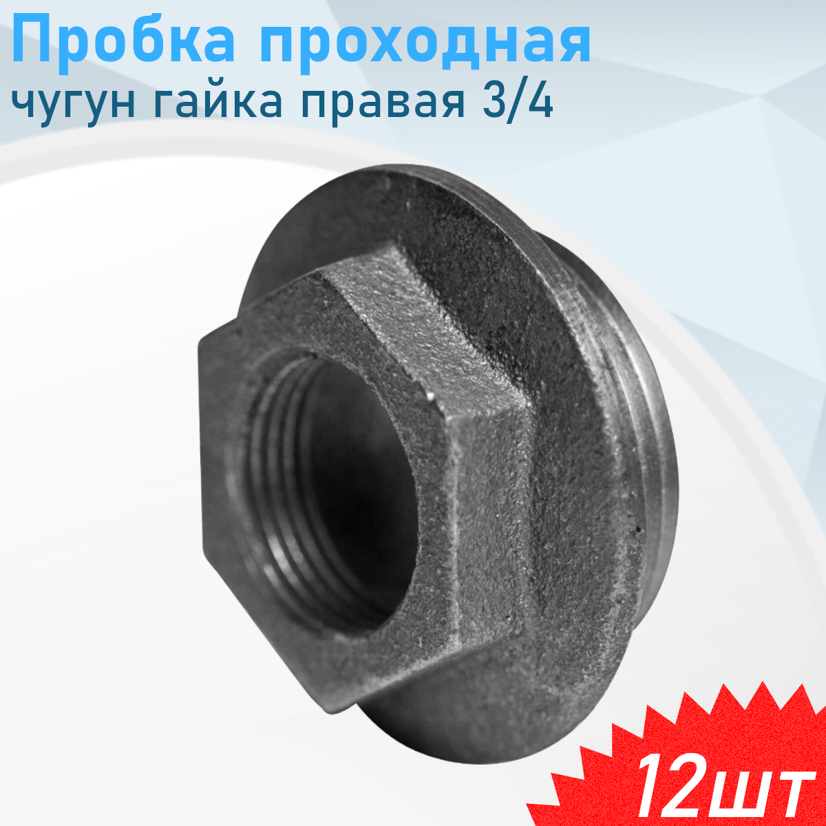 Пробка проходная чугун гайка правая 3/4 (20), 12 шт