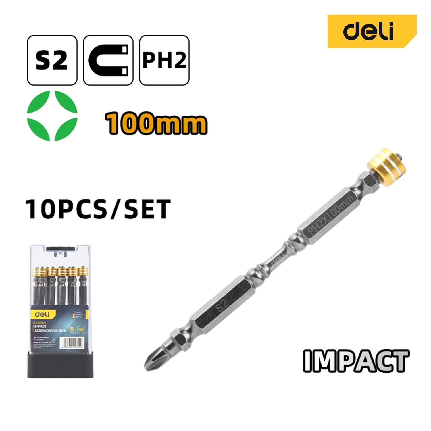 Набор двухсторонних ударных бит PH2х100мм с магнитным ограничителем 10 шт Deli DL255100 сталь S2, пласт. кейс