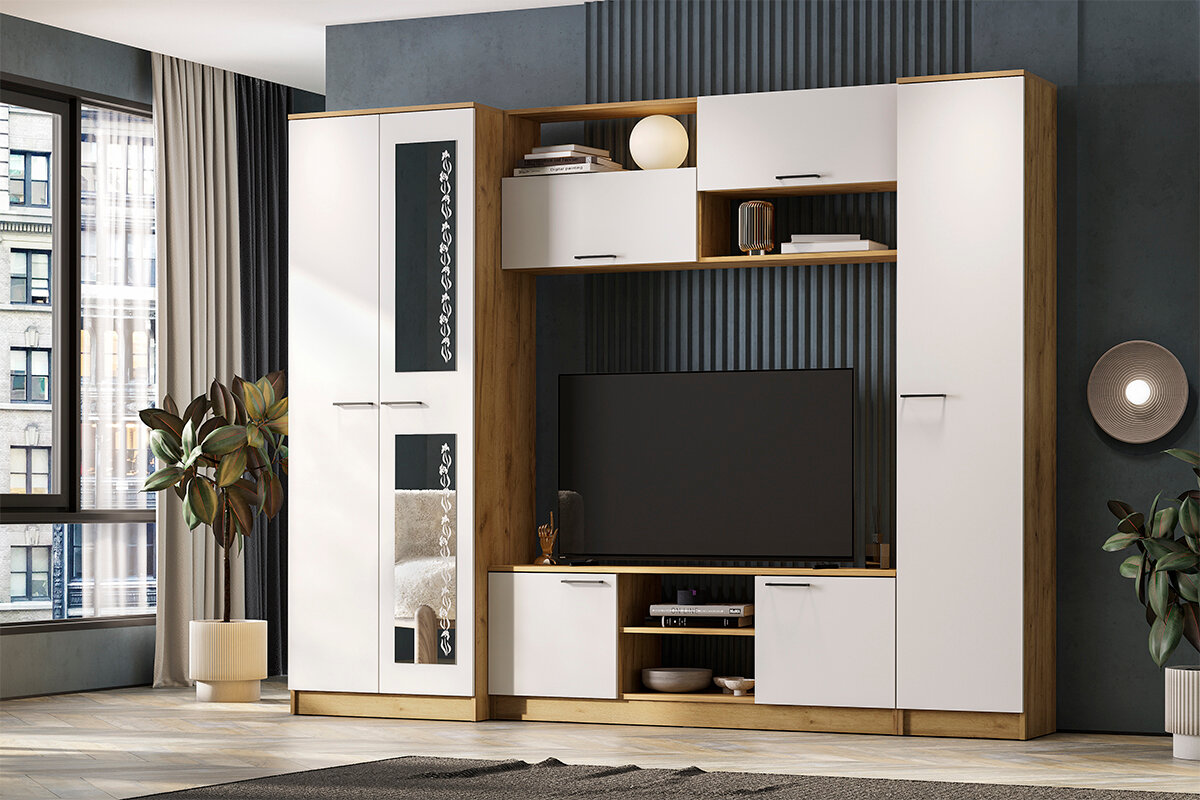 Стенка в гостиную со шкафом Дуб Сонома/Белый, МГС, 200х45х250,2 см SV-Мебель