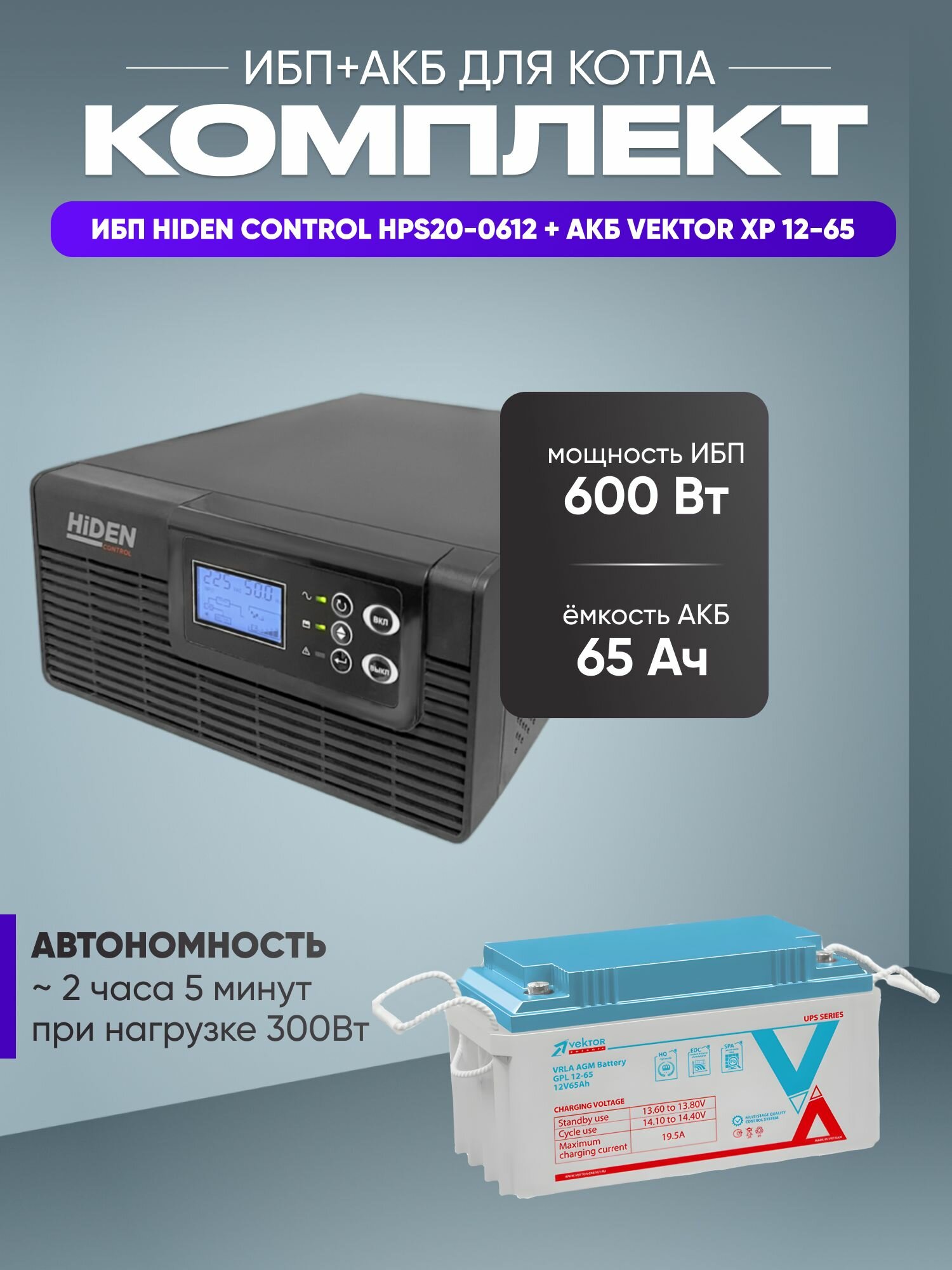 ИБП для котла с аккумулятором ИБП Hiden Control HPS20 600Вт, 12В + АКБ Vektor Energy 65Ач, 12В / бесперебойник для котла отопления / источник бесперебойного питания
