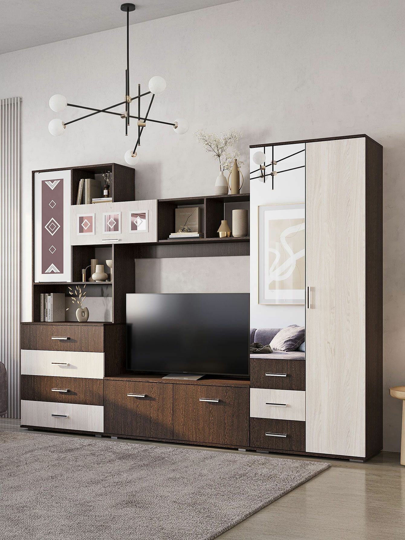 Гостиная комплект Белла, тумба под телевизор, комод, шкаф, полками, 280х47х212 см, Венге / Белый ясень