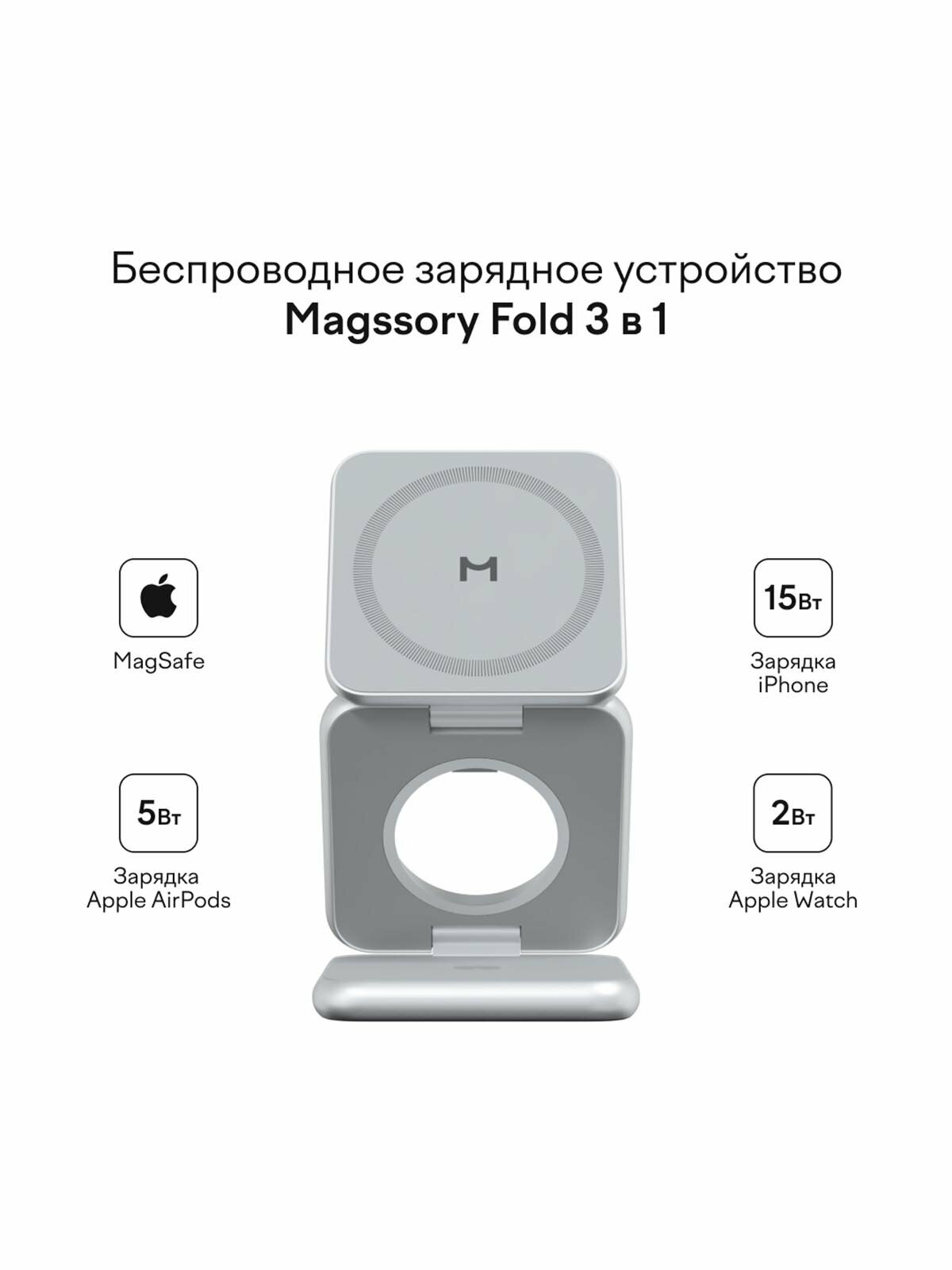 Складная док-станция Magssory Fold для беспроводной зарядки телефона, часов и наушников, 22W, USB-C, WCH023s