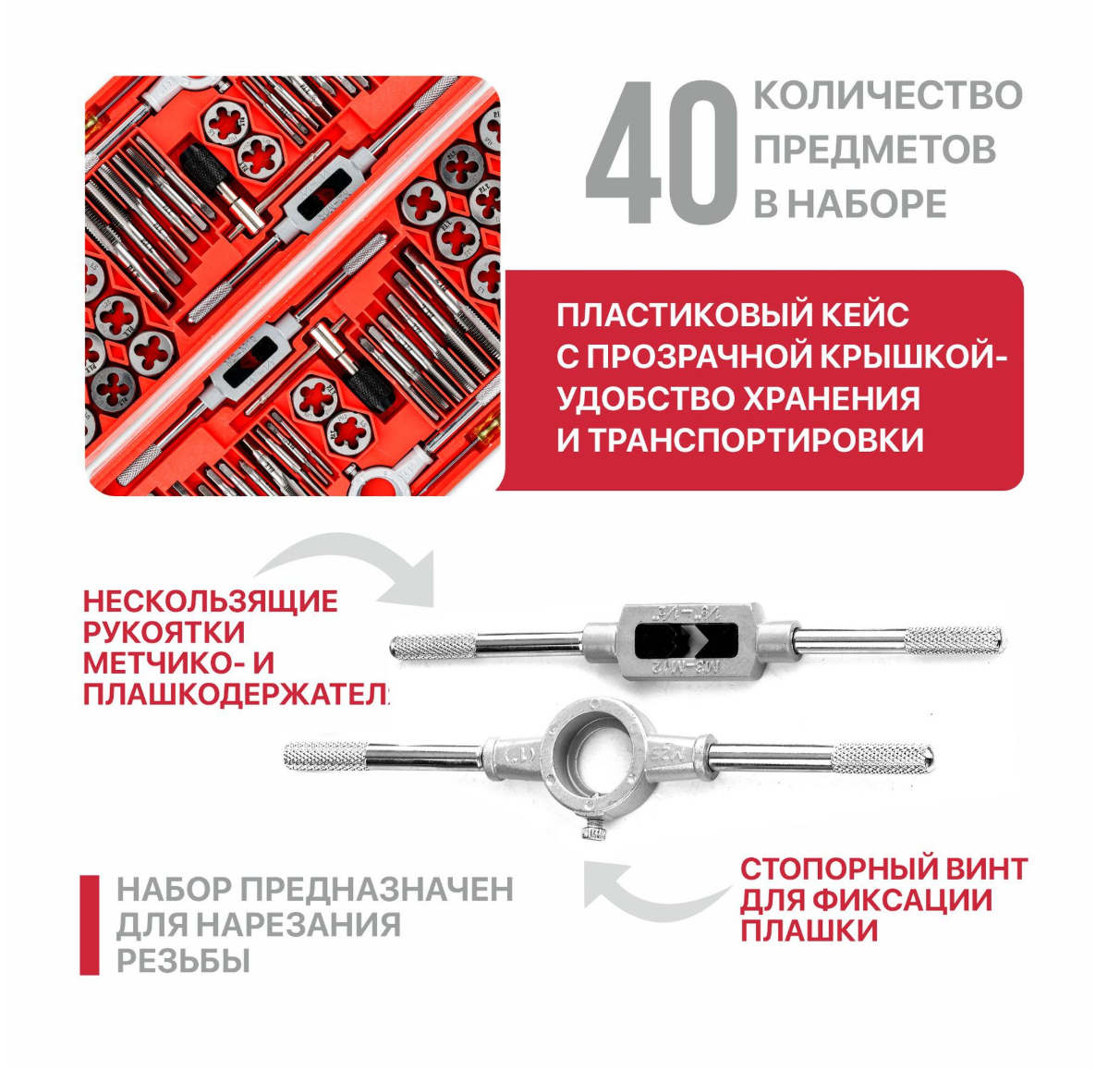 Набор для нарезания резьбы P.I.T. ASET09-0040 (40шт, метчики, плашки, держатели)