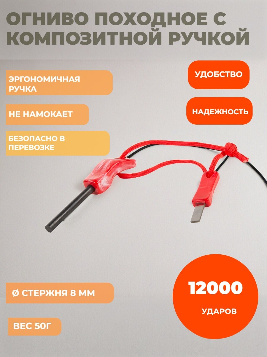 Огниво с рукояткой из композита HSS Striker Fire Starter, красный