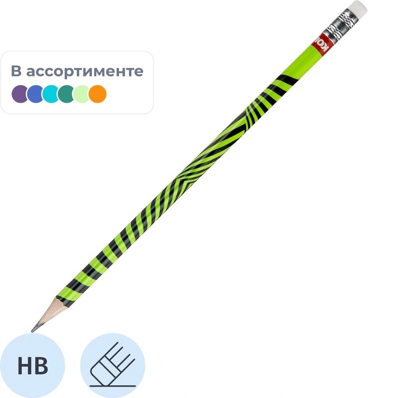 Карандаш чернографитный Kores Grafitos Neon трехгранный HB с ластиком