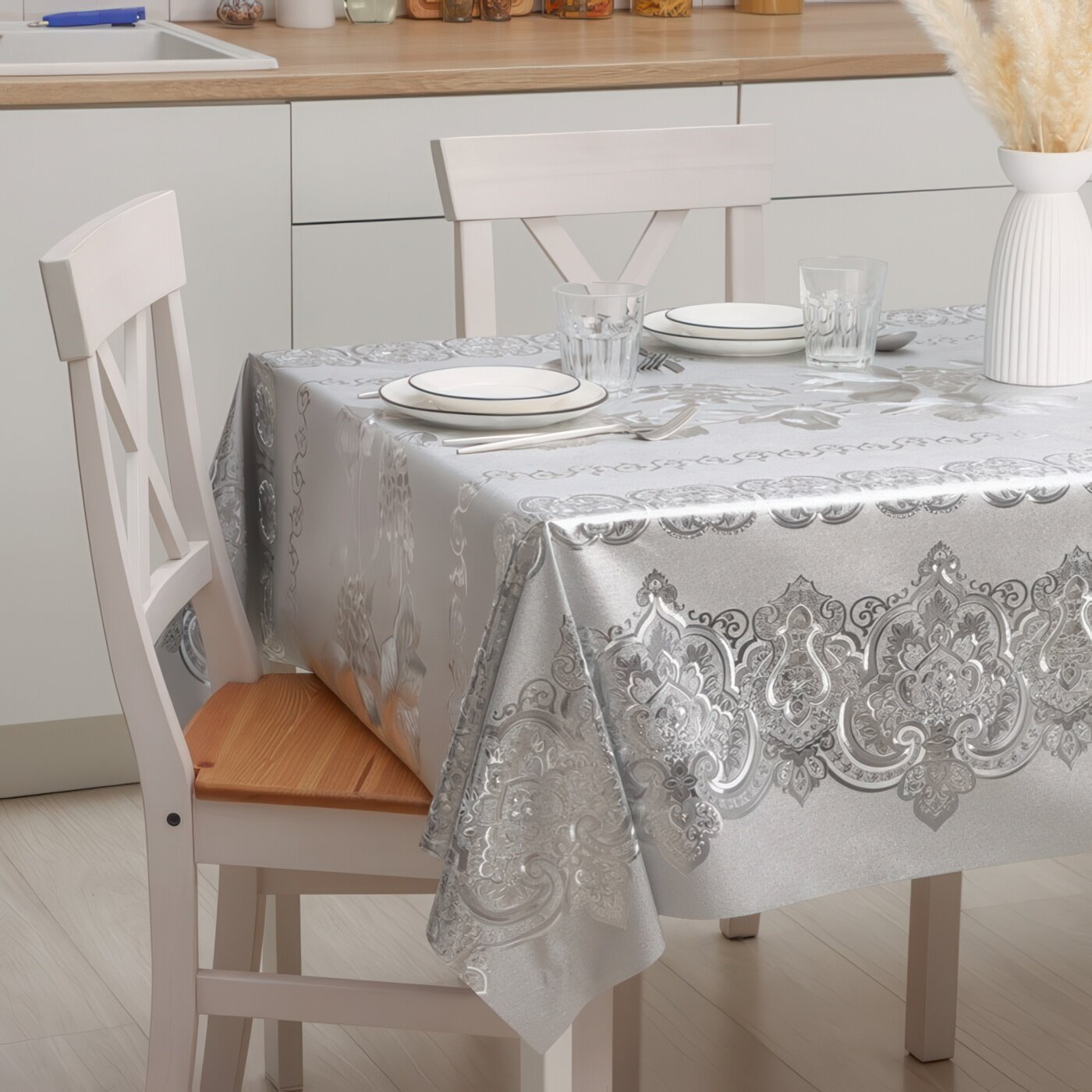 Клеёнка столовая на тканевой основе, рулон 20 метров, ширина 137 см, цвет серебряный